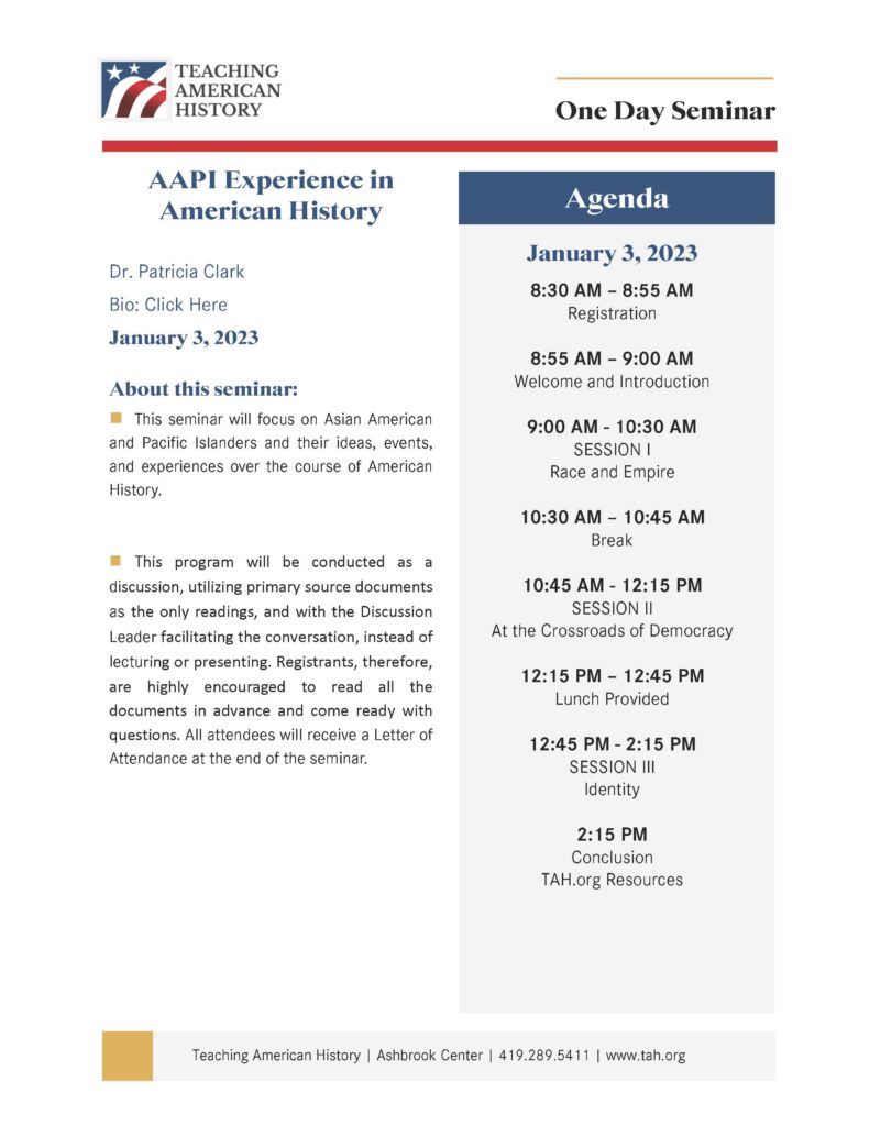 Sample One Day Seminar Program | Teaching American History